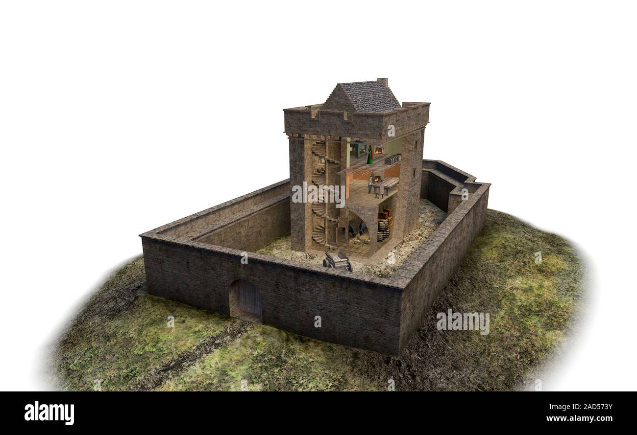 Peel tower. Cutaway illustration of a peel tower (also known as a pele ...