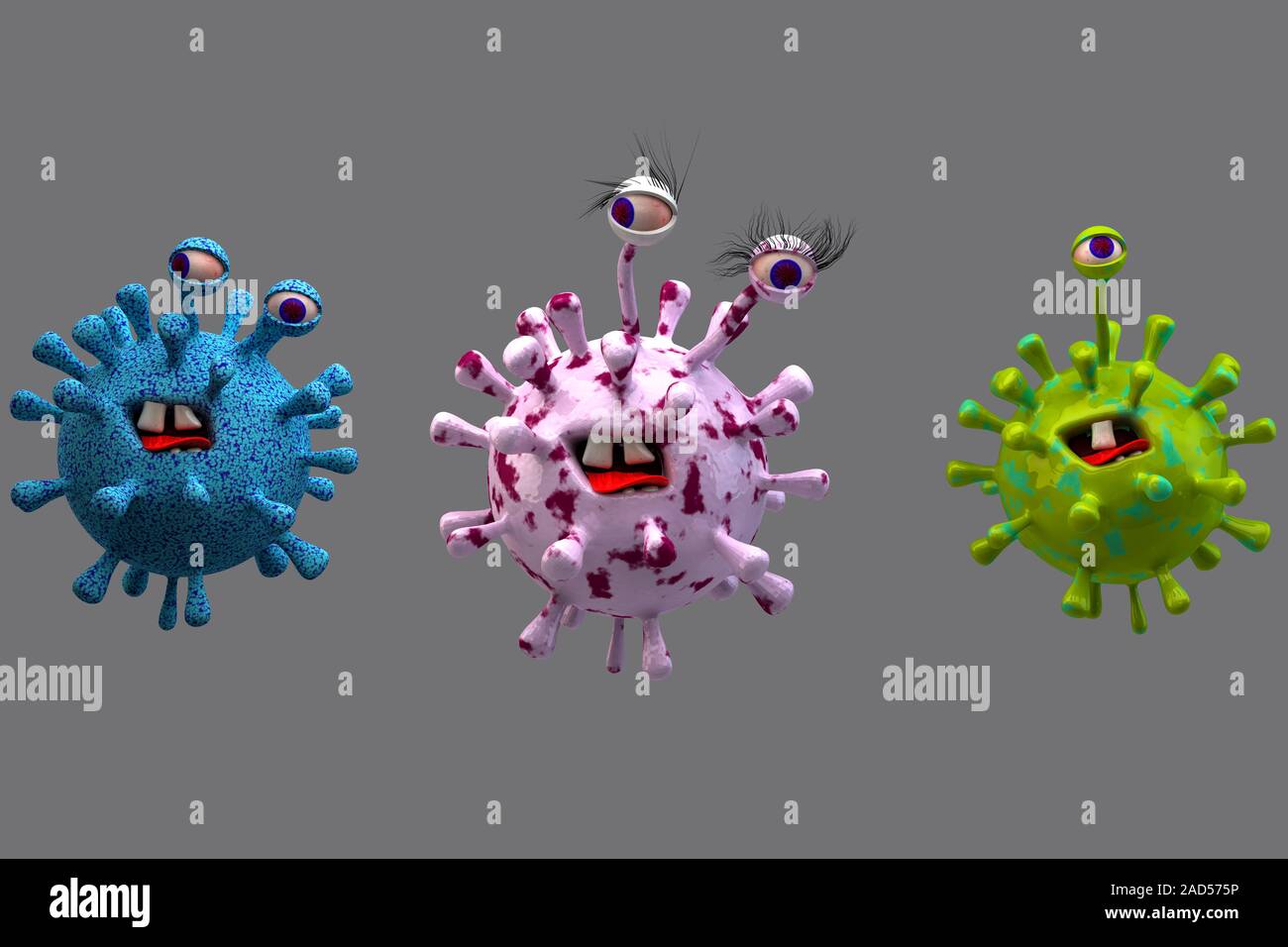 Virus particles. Conceptual illustration showing anthropomorphic ...