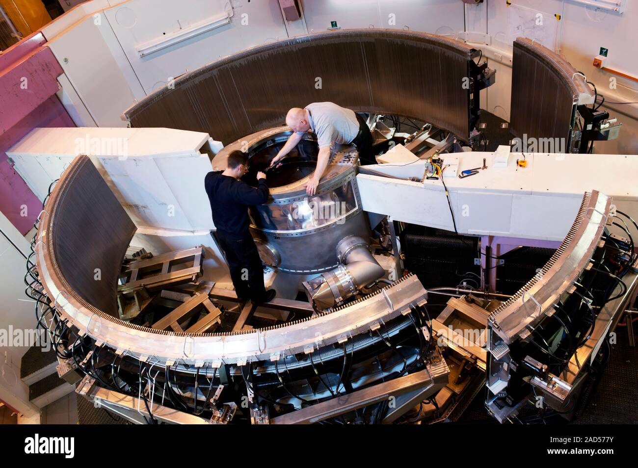 Engineers maintain the WISH instrument, which is used for neutron ...