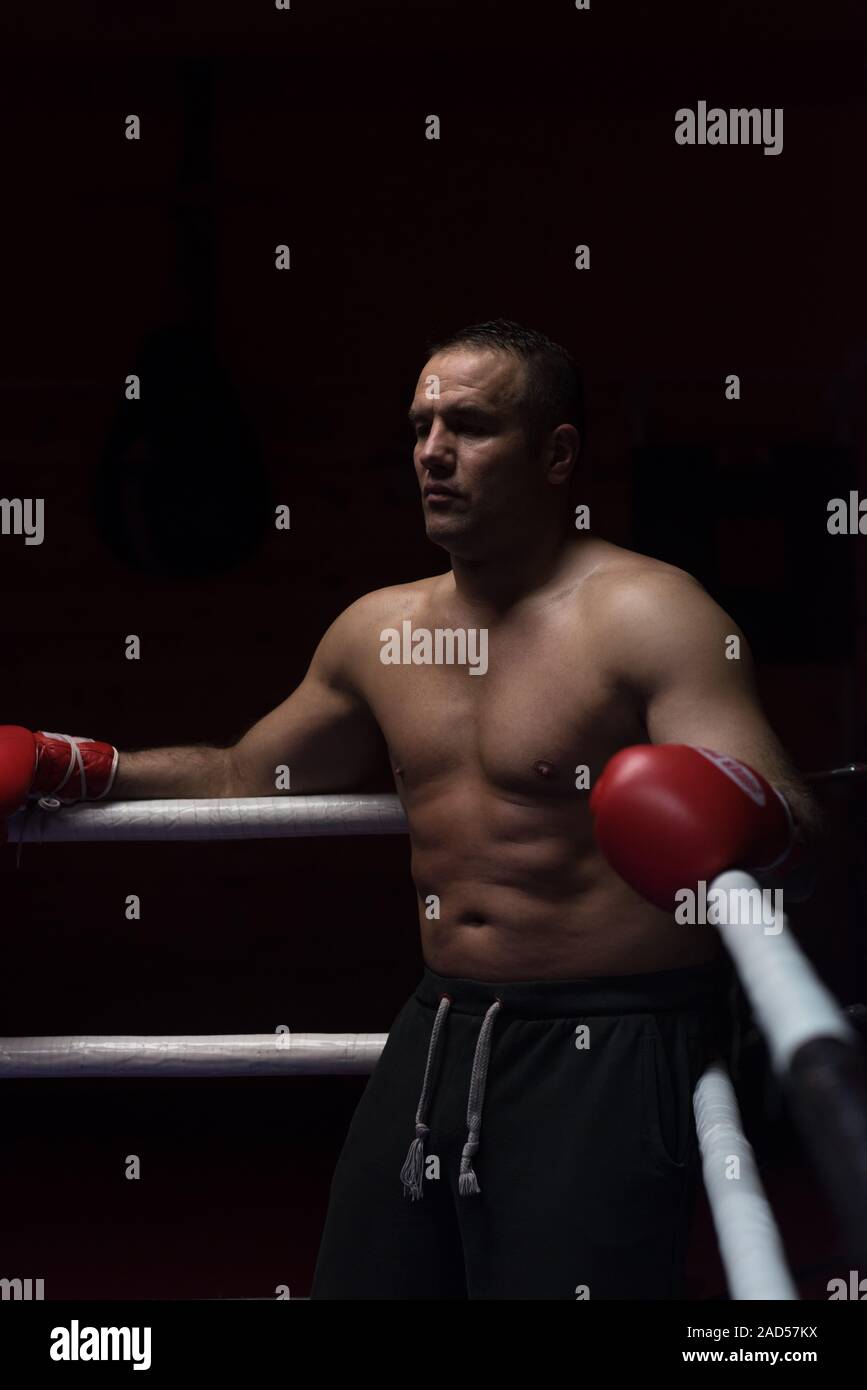 kick boxer resting on the ropes in the corner Stock Photo - Alamy
