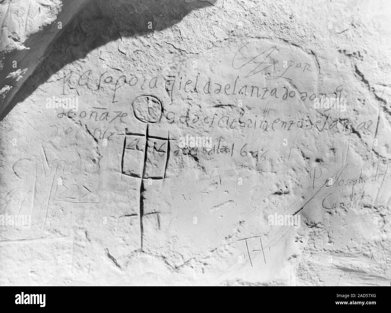 17th-century rock inscription, New Mexico, USA. This inscription was ...