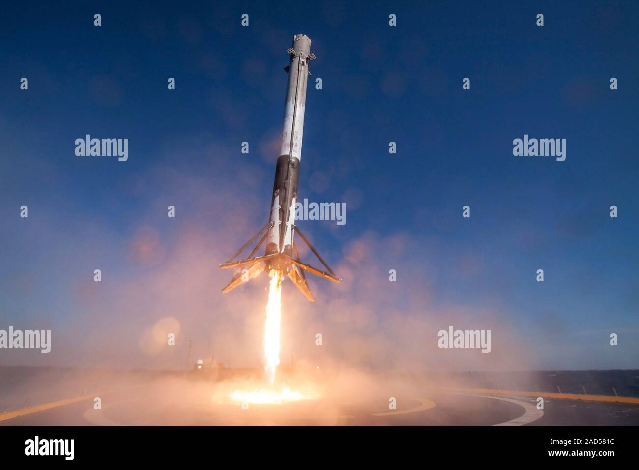 SpaceX's Falcon 9 rocket stage landing. Remote camera image showing a ...
