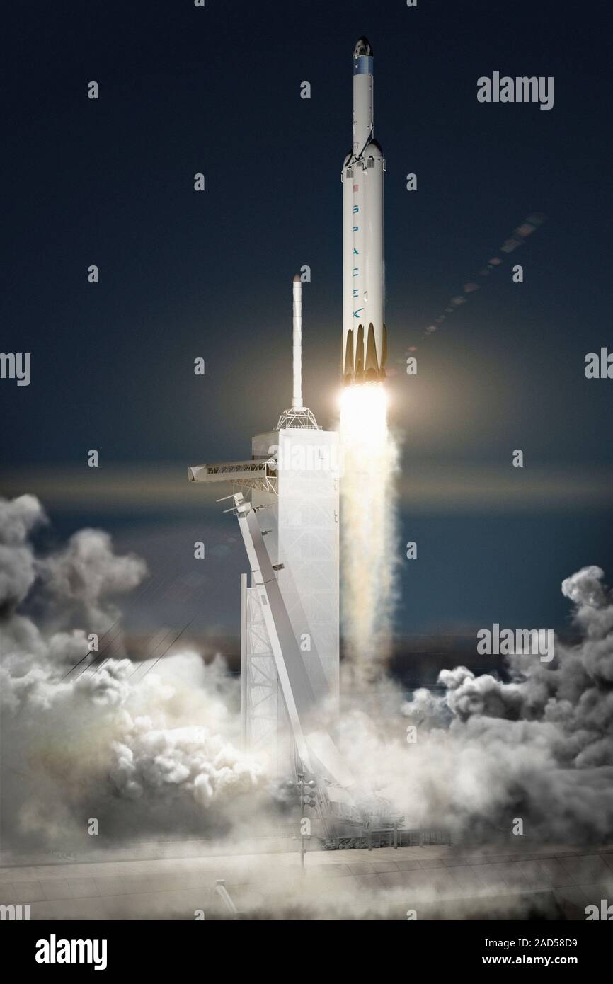 Falcon Heavy rocket launch by SpaceX. Illustration of the lift-off of ...