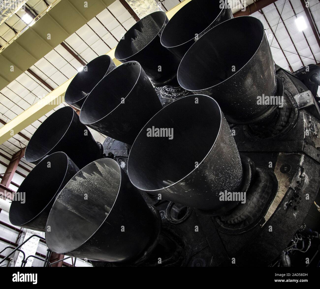 Merlin engines on Falcon 9 rocket from SpaceX. Close-up of the exhaust ...