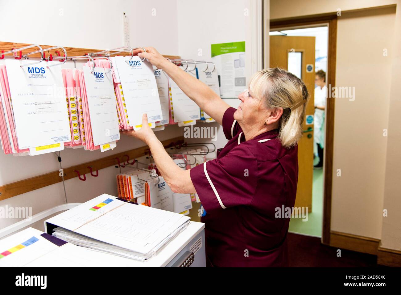 Care home drug dispensing. Senior carer handling records for a ...