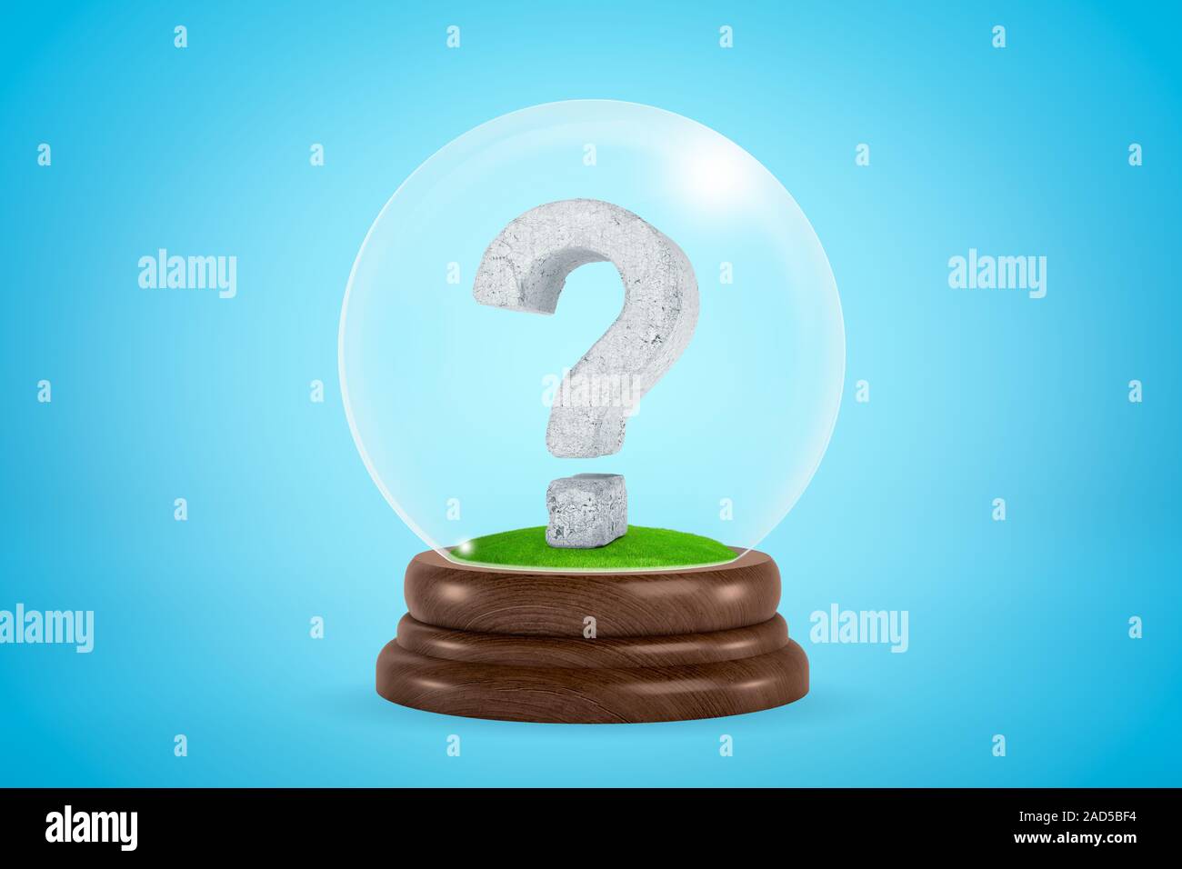 3d rendering of scuffed stone question mark inside glass ball globe on ...