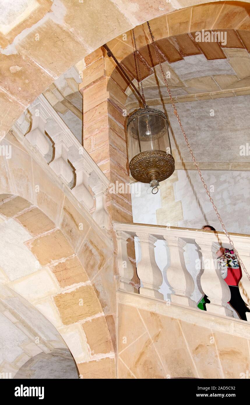 stone stairway, large stone railing, old glass globe light, hanging by ...