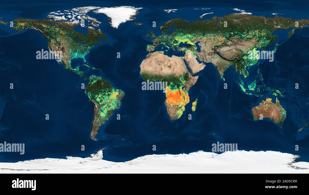 Global burned areas, satellite map. The map was created using data from ...