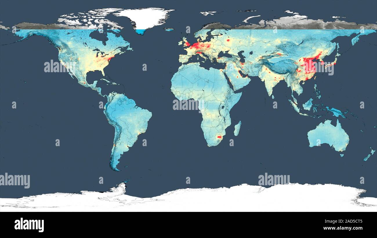 Global nitrogen dioxide levels for 2014. Satellite map of the global ...
