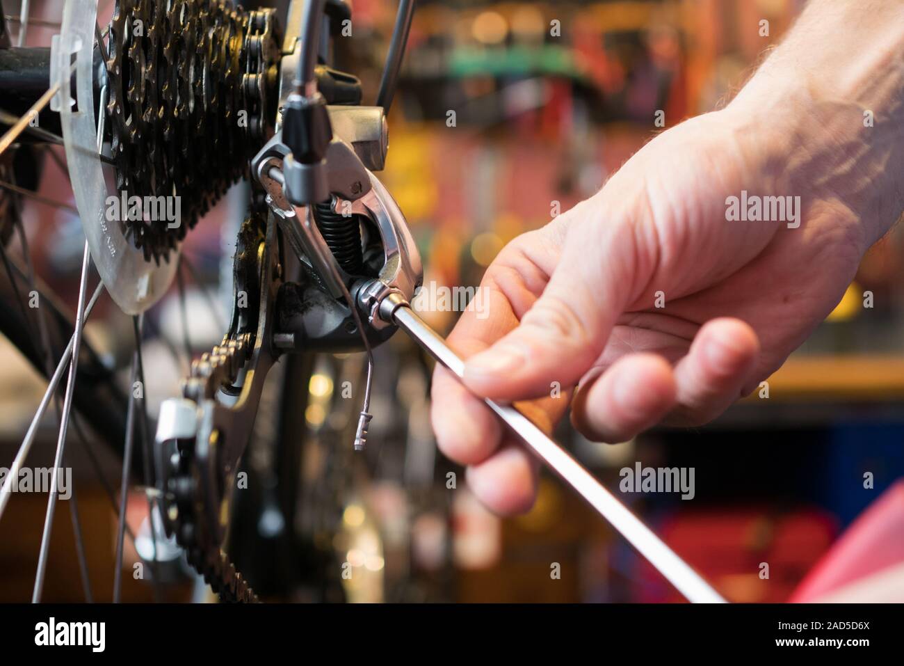 Man fixing bicycle in garage Stock Photo - Alamy