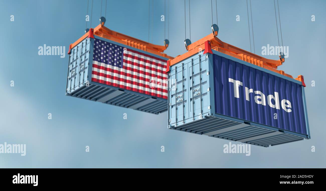 Freight container with USA Flag design hanging on a spreader - 3D ...