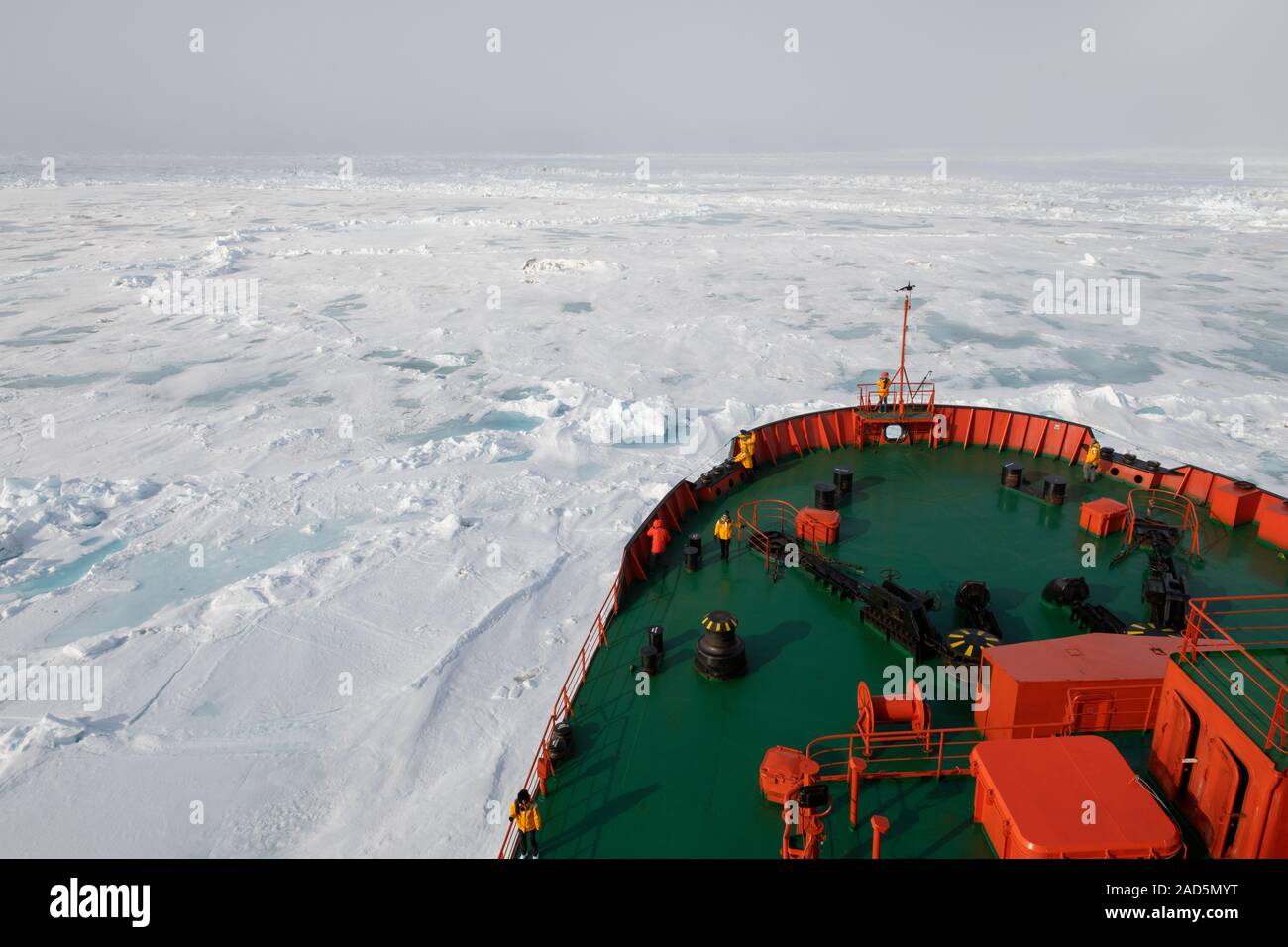 Russia, High Arctic. Crashing through thick sea ice at 89 degrees north ...