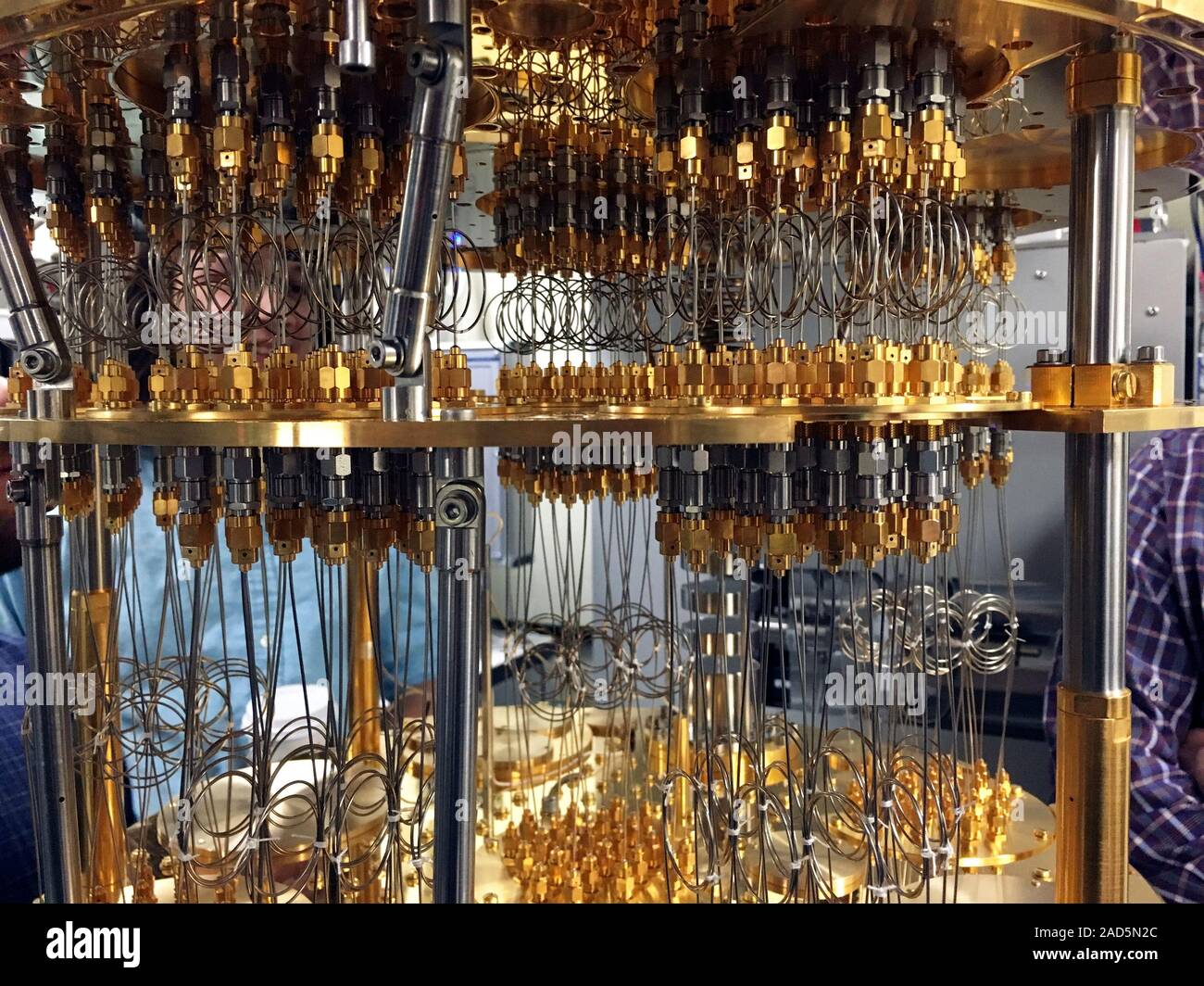 Quantum computing research. View inside a cryogenic dilution ...