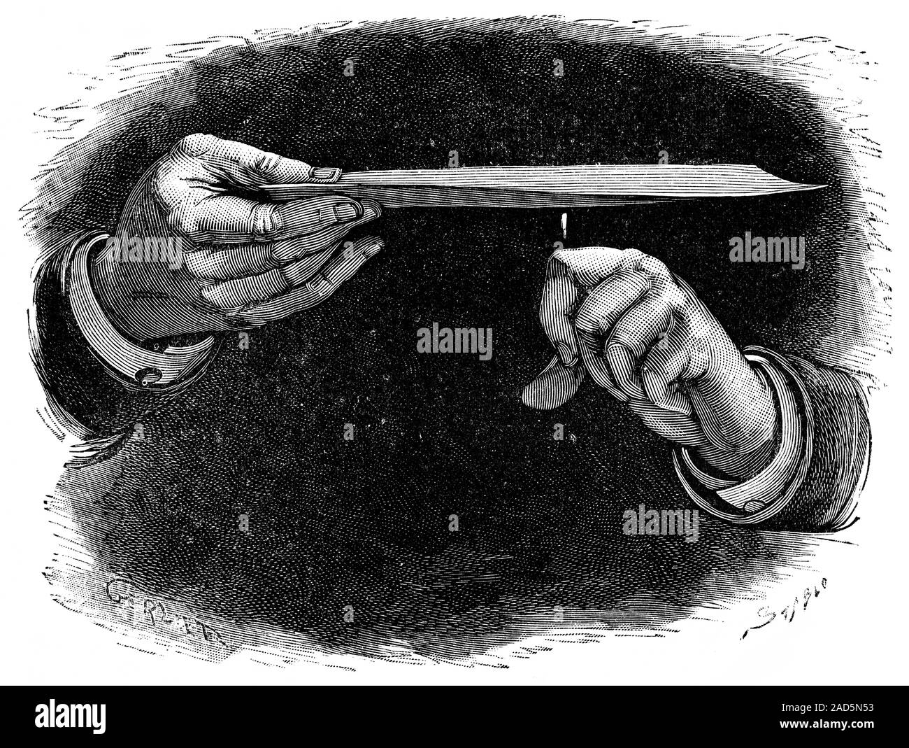 Static electricity experiment. 19th-century illustration of a spark of ...