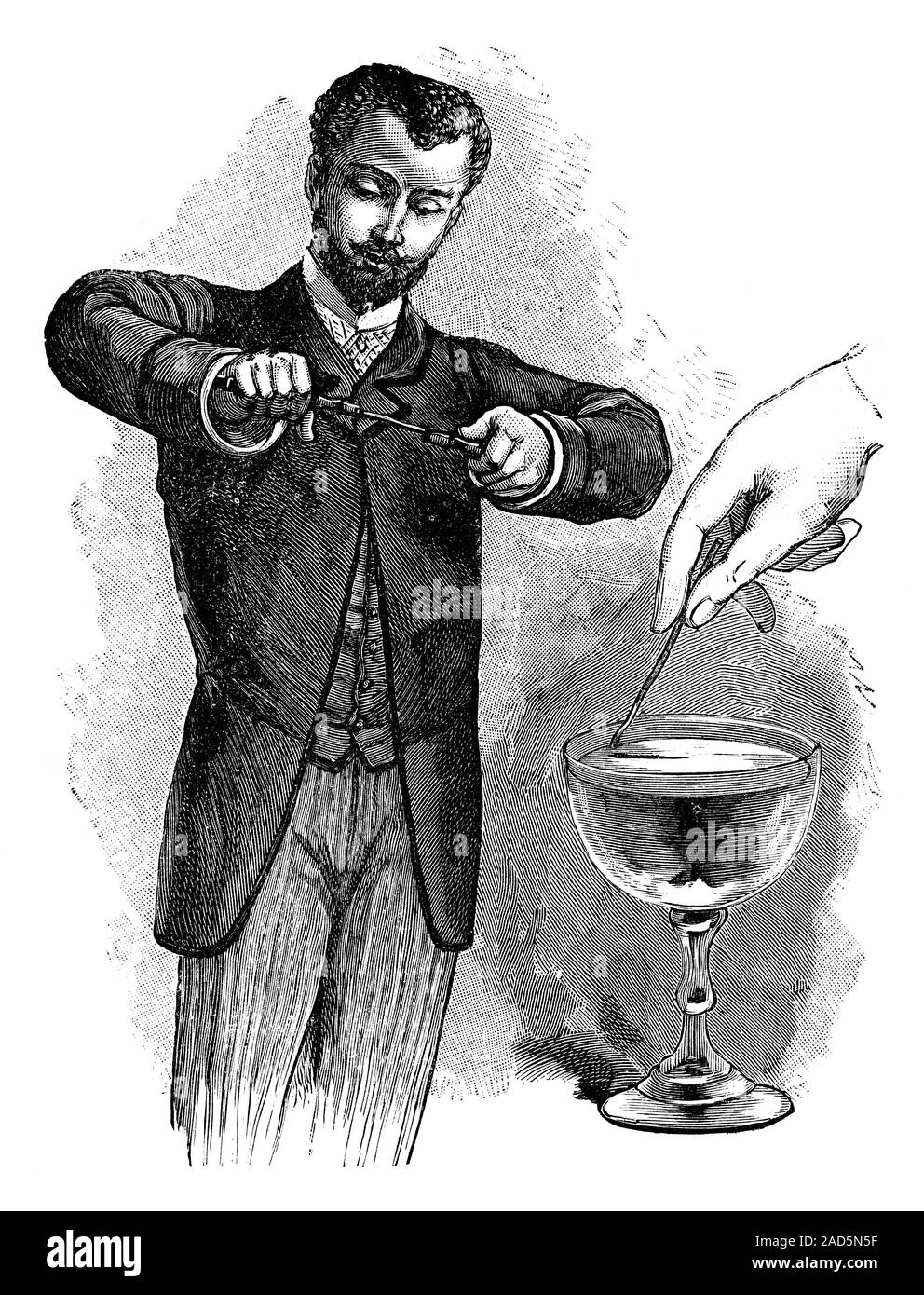 Magnetism experiment. 19th-century illustration of an artificial magnet ...