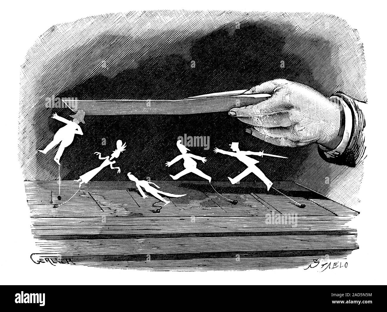 Static electricity experiment. 19th-century illustration of paper ...