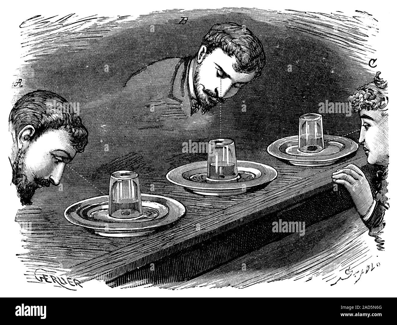 Refraction experiment. 19th-century illustration of an experiment ...