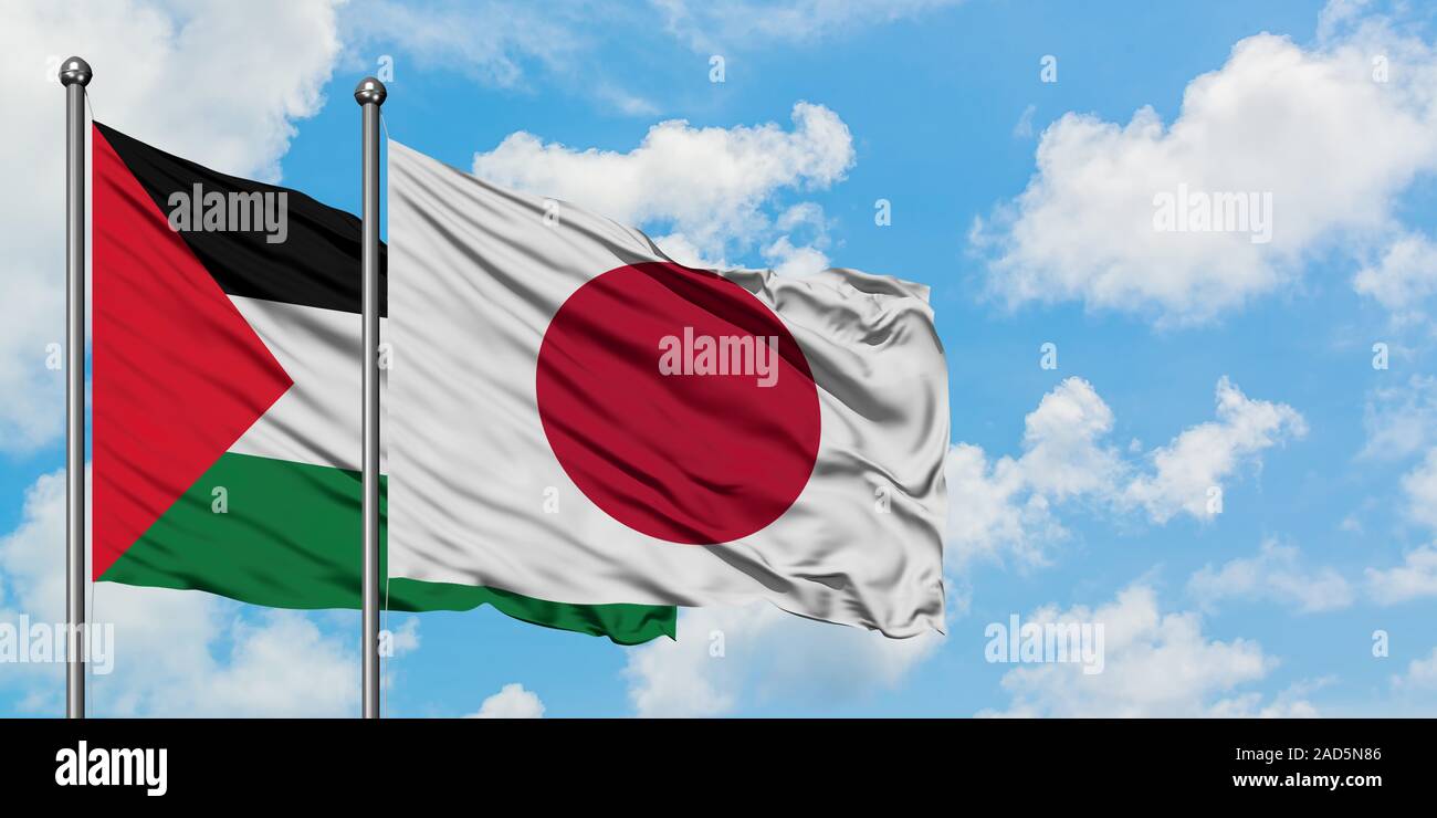 Palestine and Japan flag waving in the wind against white cloudy blue ...