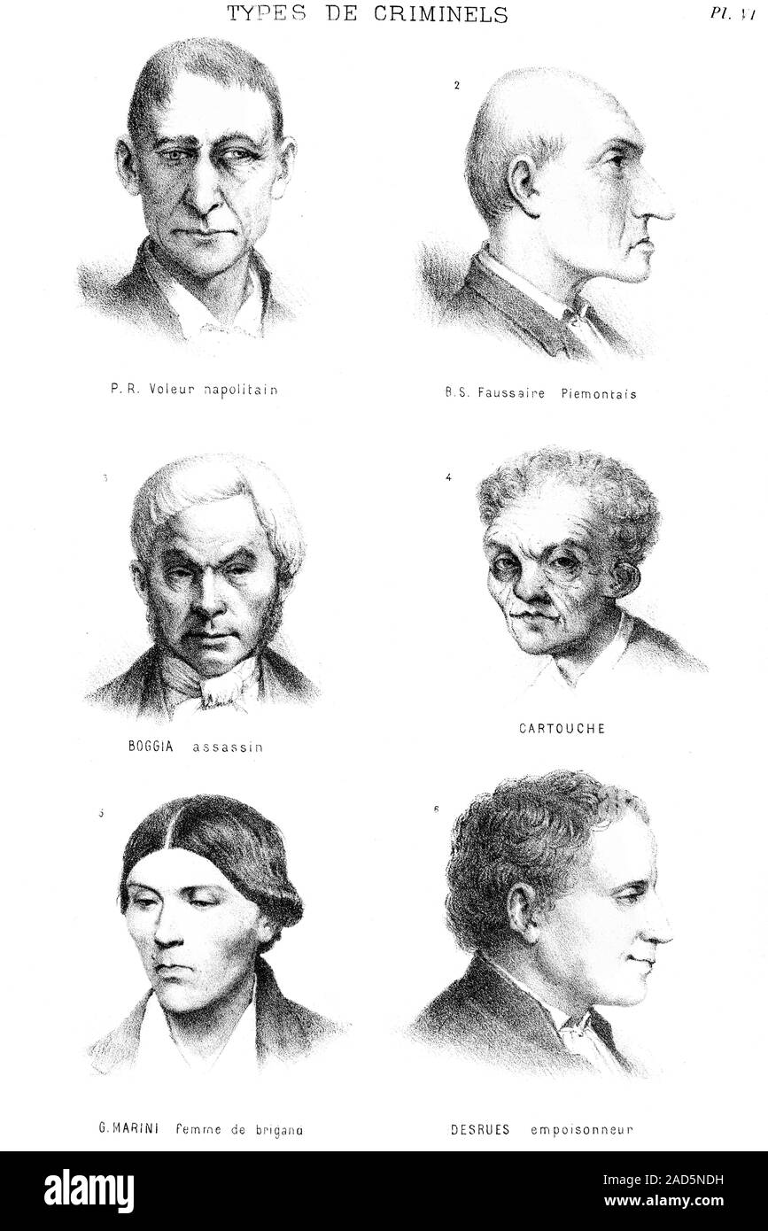 Theory of criminal types. 19th-century illustrations of a thief, a ...