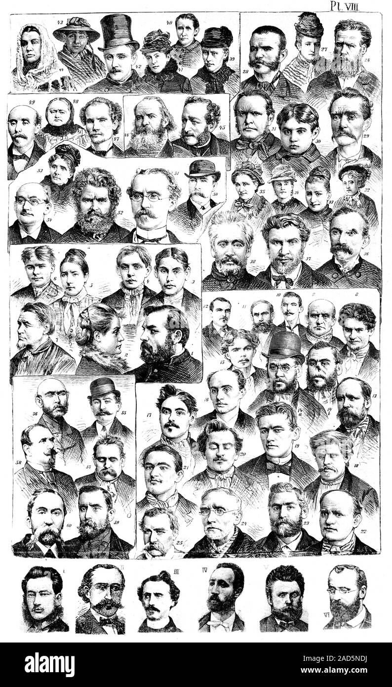 Theory of criminal types. 19th-century illustration of groups of German ...