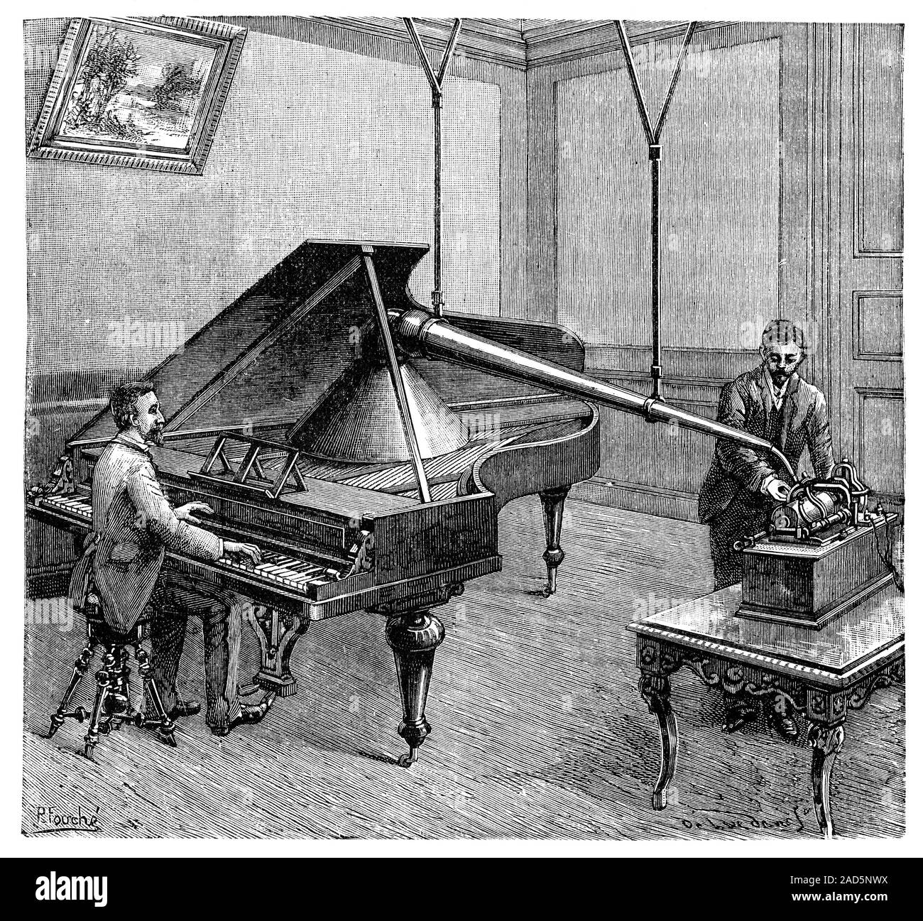 Phonograph piano recordings. 19th-century illustration of a phonograph ...