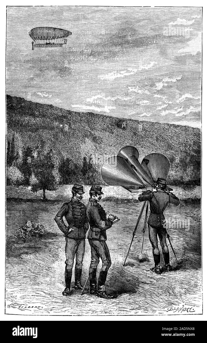 Megaphone communications. 19th-century illustration of a large sets of ...