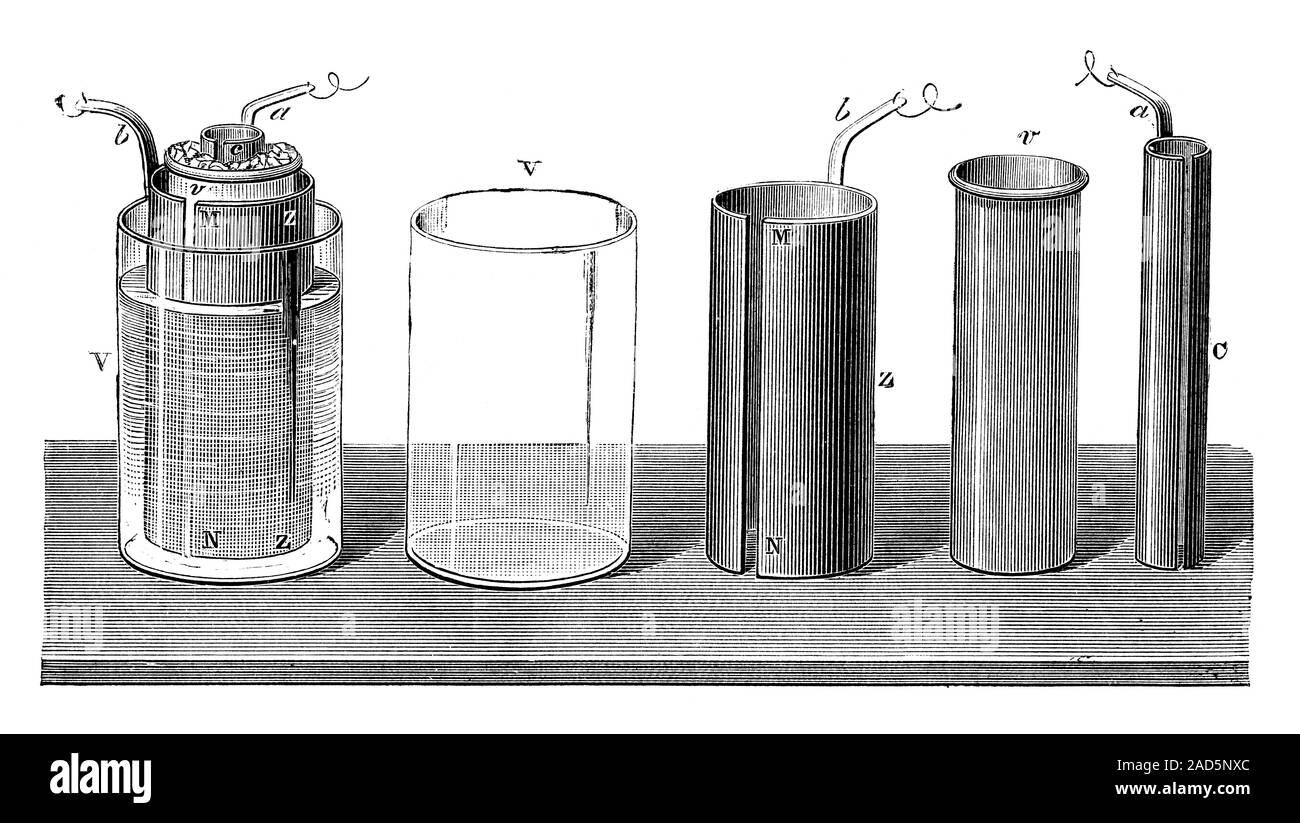 Daniell cell. 19th-century illustration of an assembled Daniell cell ...
