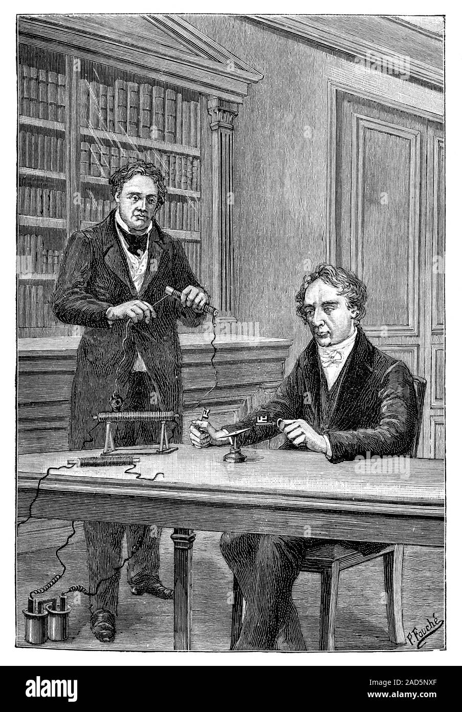 Ampere and Arago on electromagnetism. 19th-century illustration of the ...