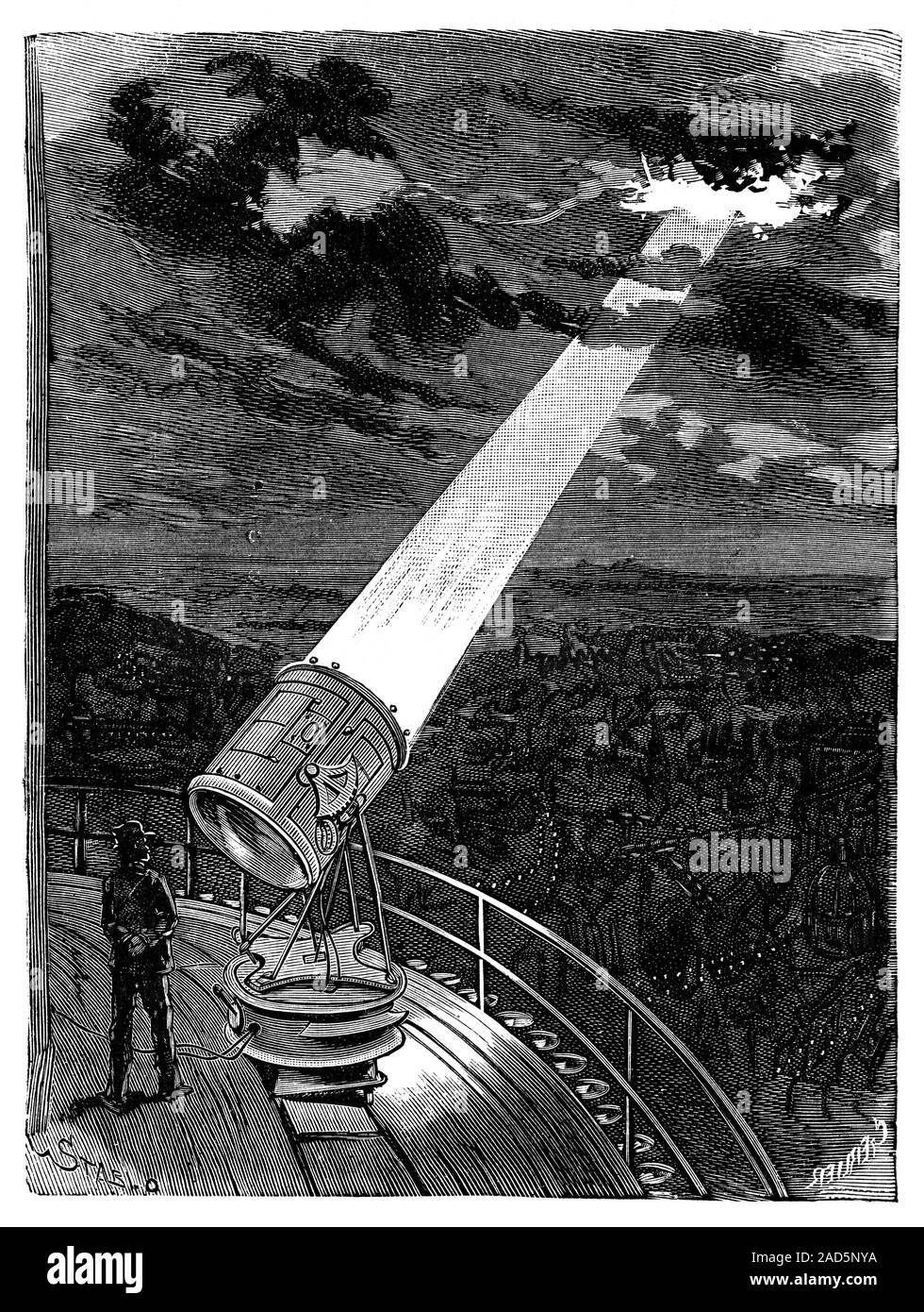 Searchlight on Eiffel Tower. 19th-century illustration of clouds being ...
