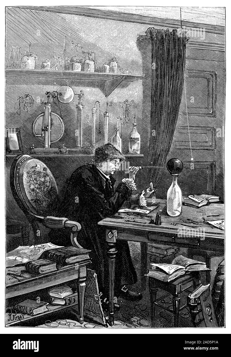 Franklin designing lightning rods. 19th-century illustration of ...