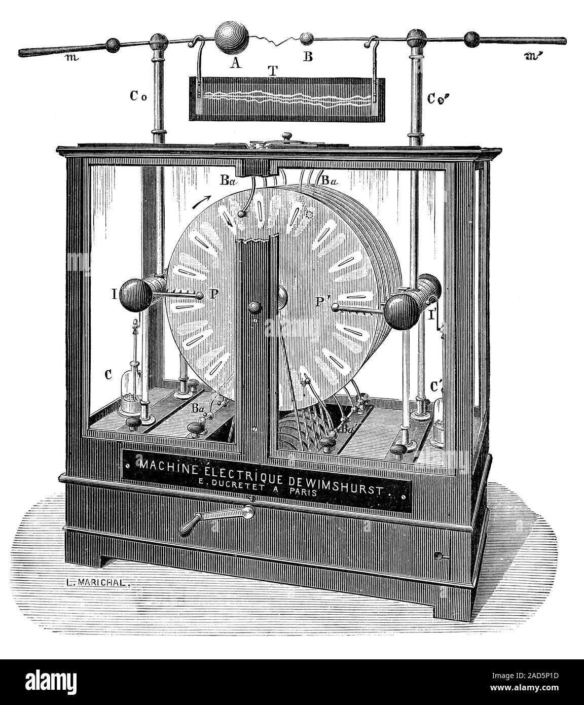 Wimshurst electrostatic generator. 19th-century illustration of the ...