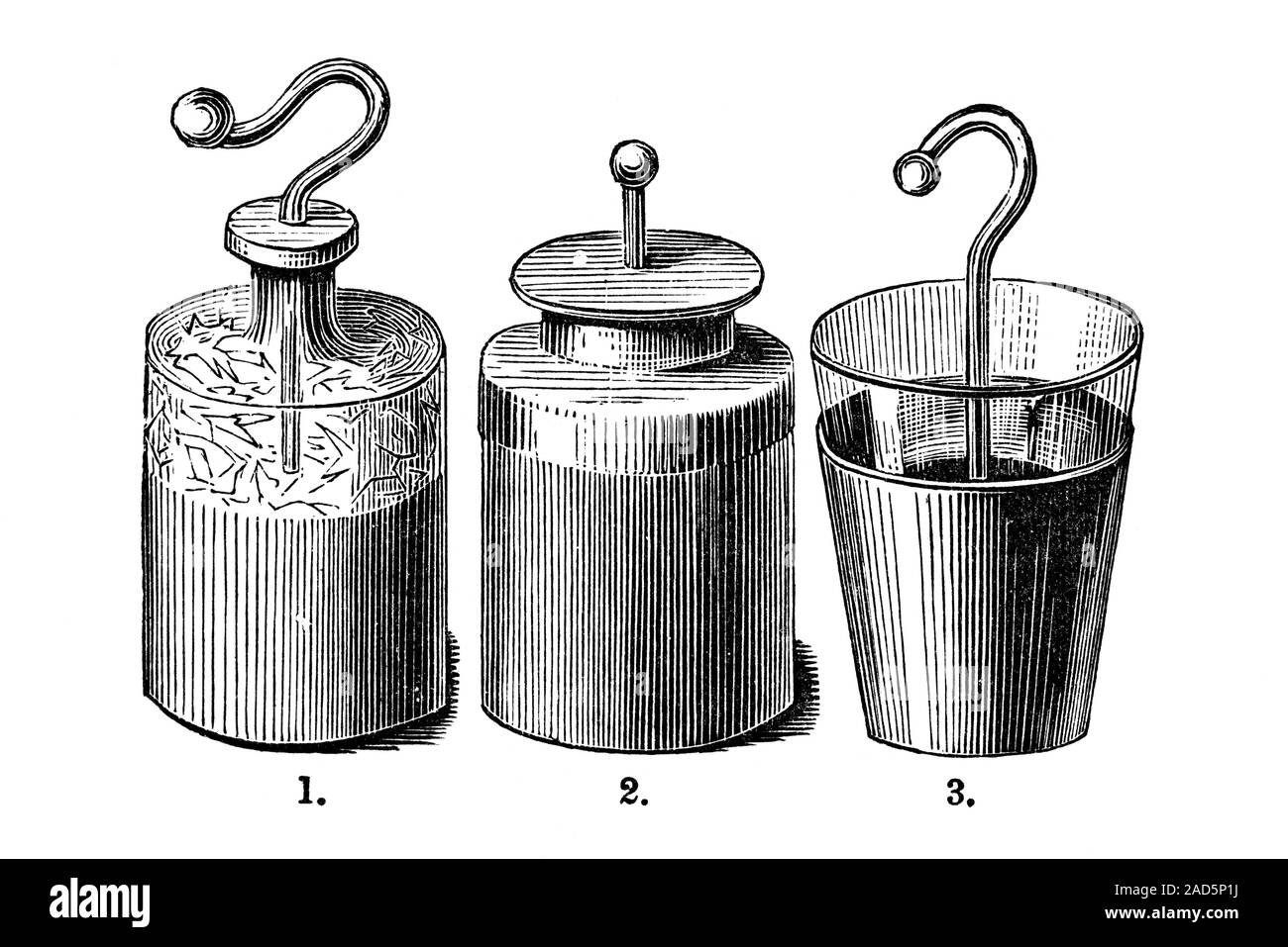 Designs of Leyden jars. 19th-century illustration of three designs of ...
