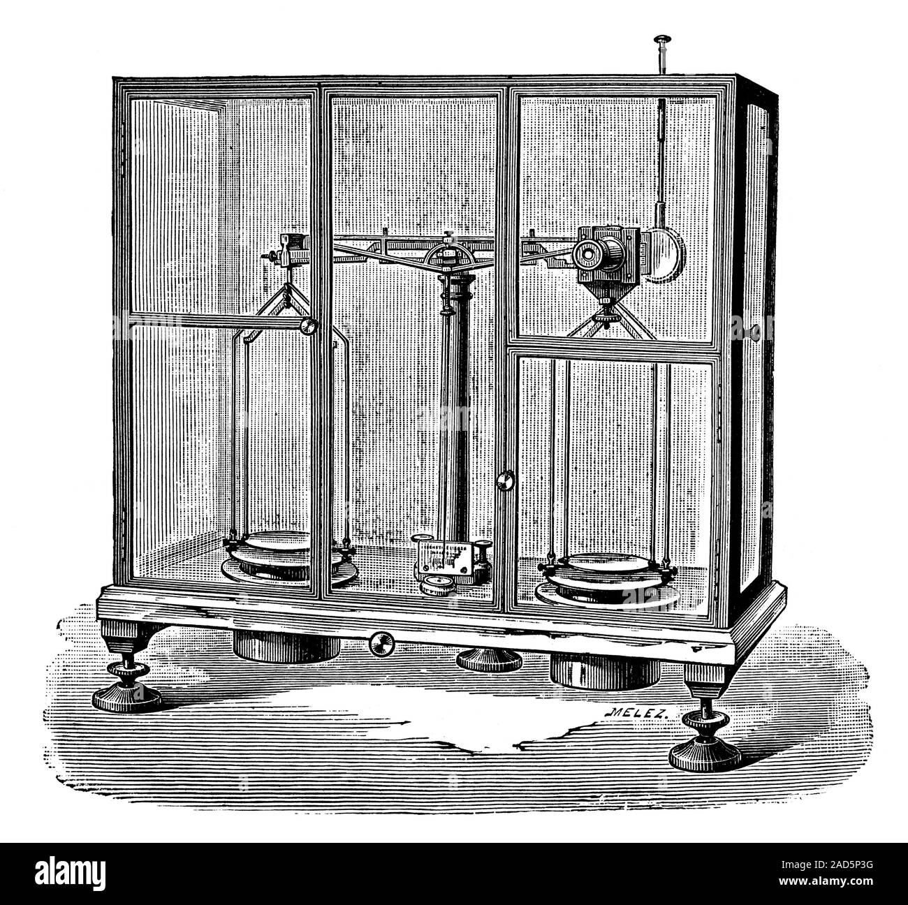 High-precision mass balance. 19th-century illustration of a mechanical ...
