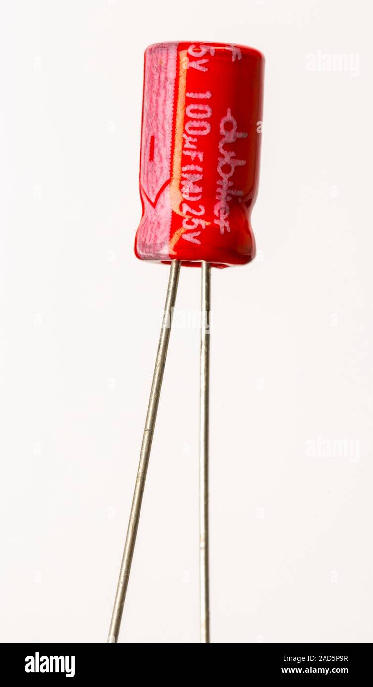 Radial aluminium electrolytic capacitor. This small component is used ...