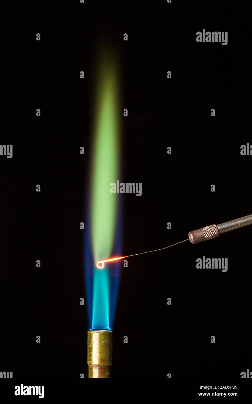 Flame test for barium. A clean wire is dipped into a solution of metal ...
