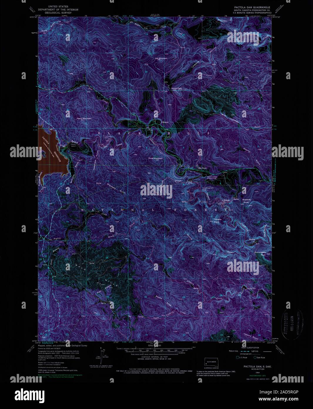 USGS TOPO Map South Dakota SD Pactola Dam 343924 1954 24000 Inverted ...