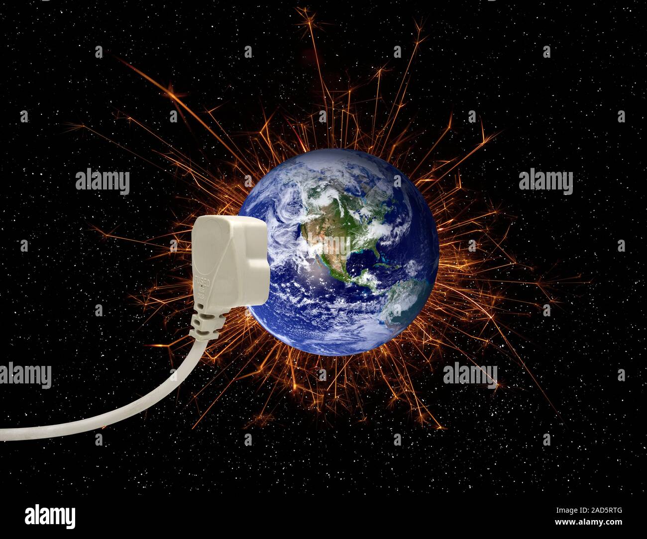 Global energy. Conceptual image of a electric plug powering a sparking ...