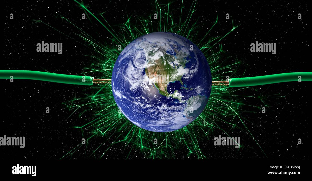 Global energy. Conceptual image of an electric wire powering a sparking ...
