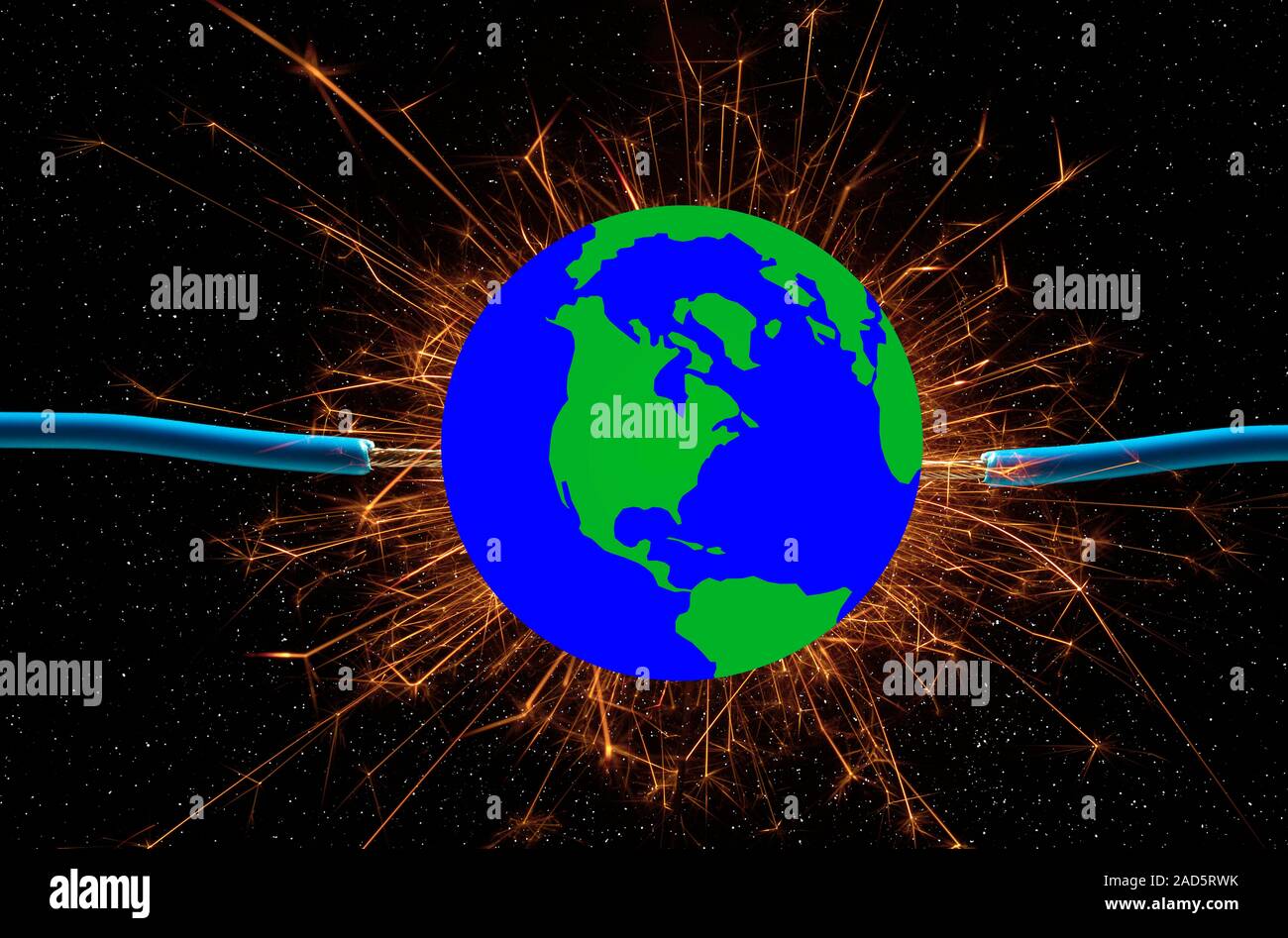 Global energy. Conceptual image of an electric wire powering a sparking ...