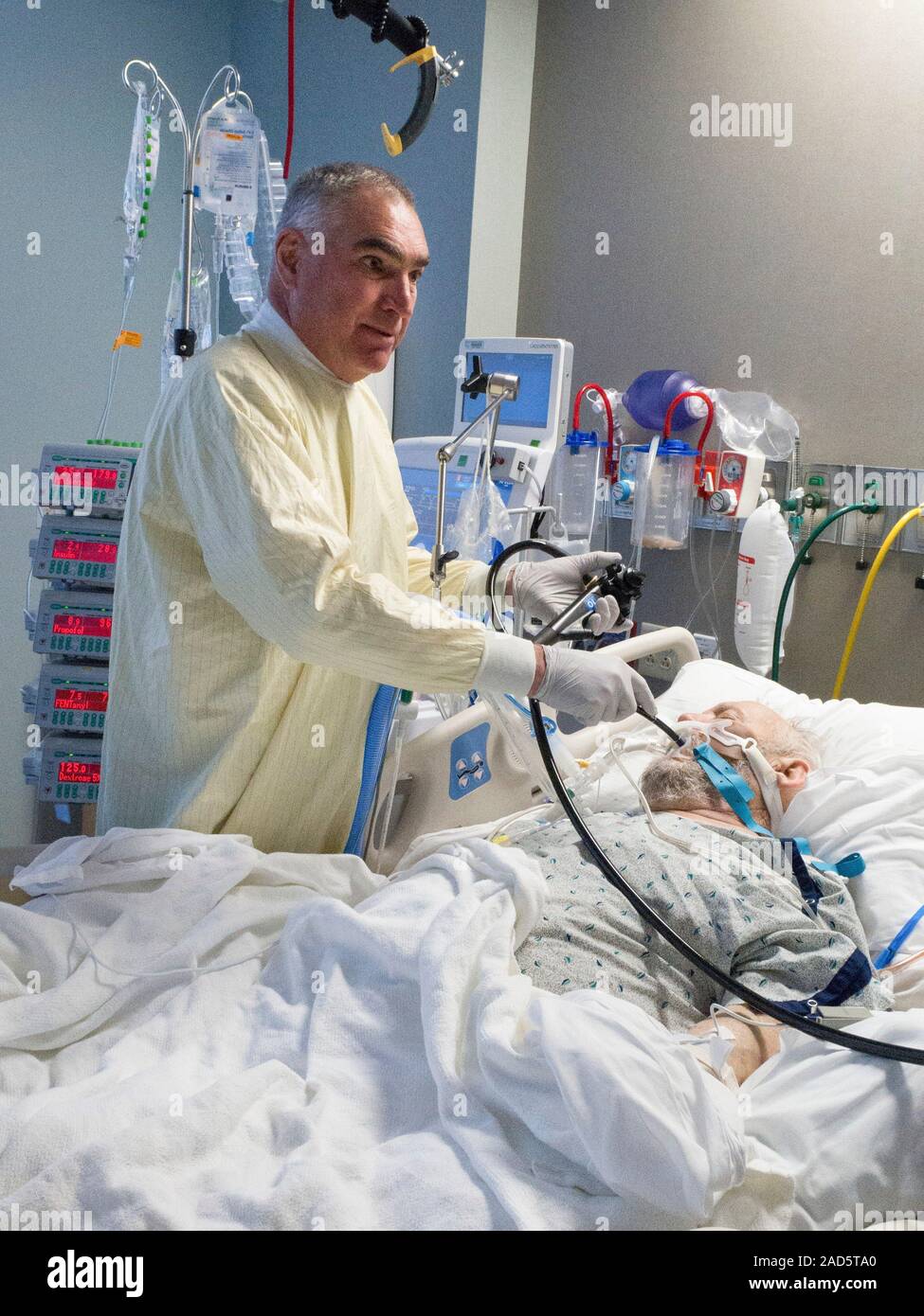 Investigative endoscopy. Gastroenterologist performing a bedside ...