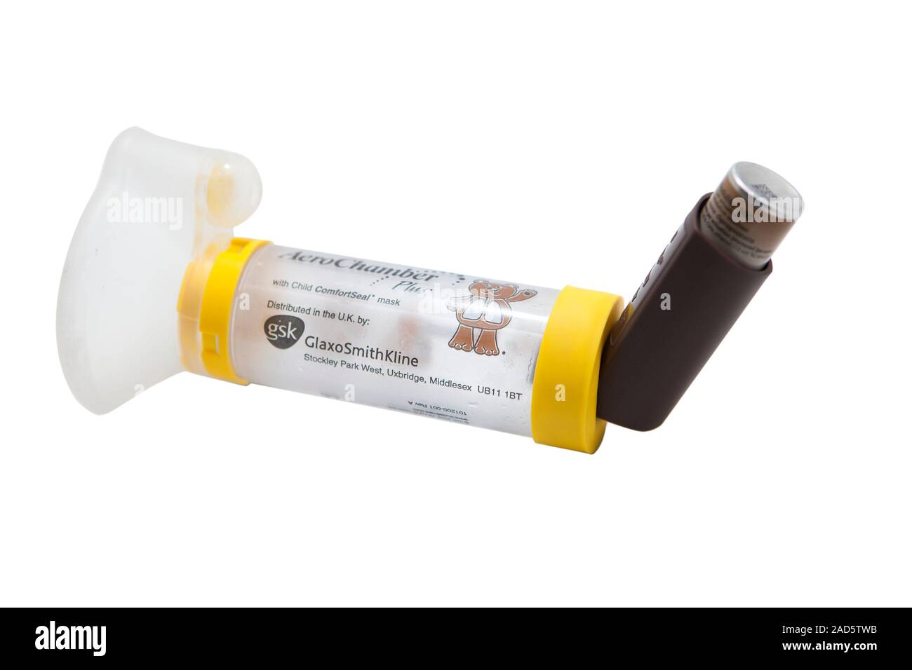 Asthma inhaler with an aerochamber spacer attached. This pump dispenses ...