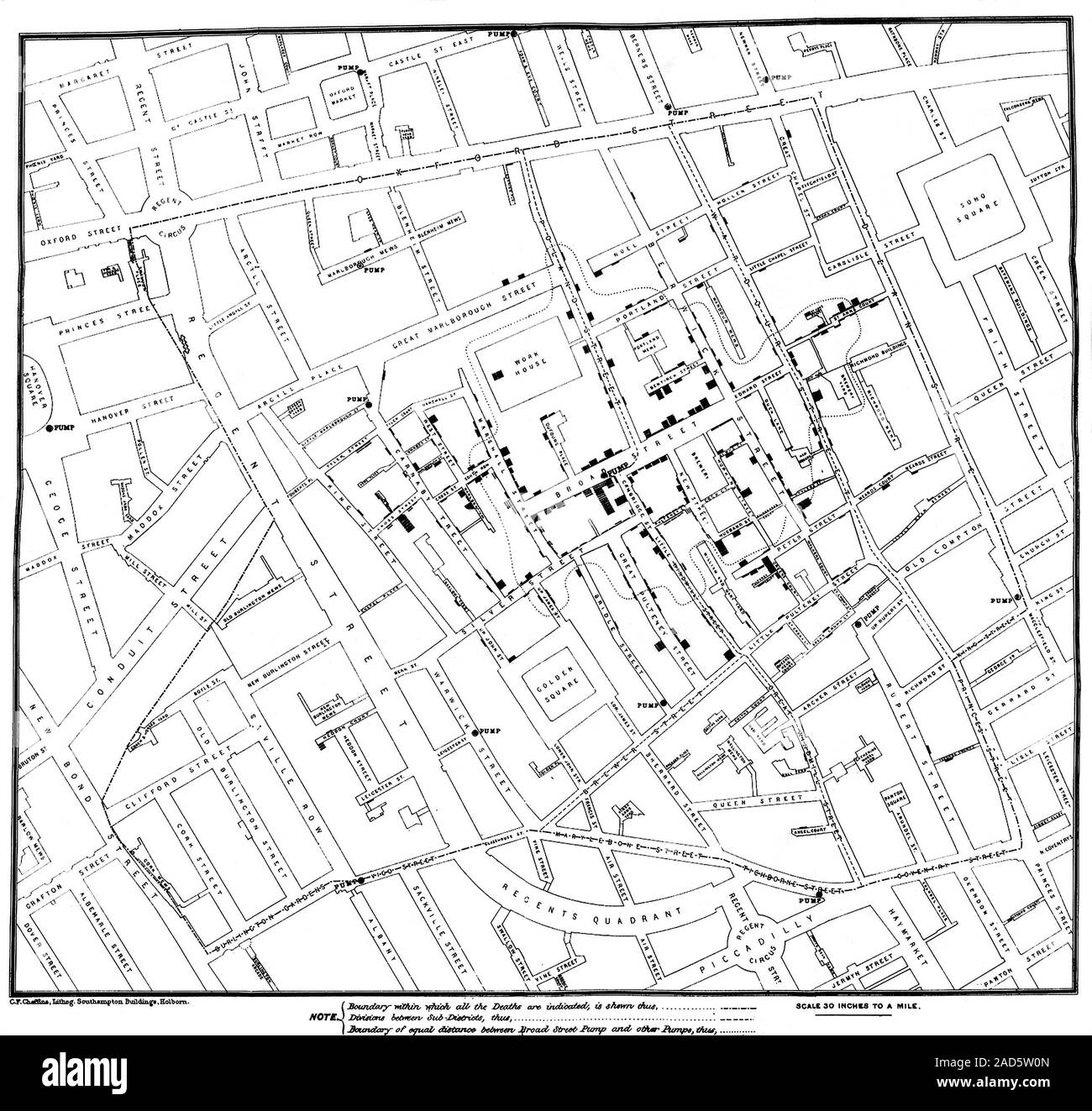 John Snow's cholera map. Map of Soho, London, UK, showing deaths (black ...