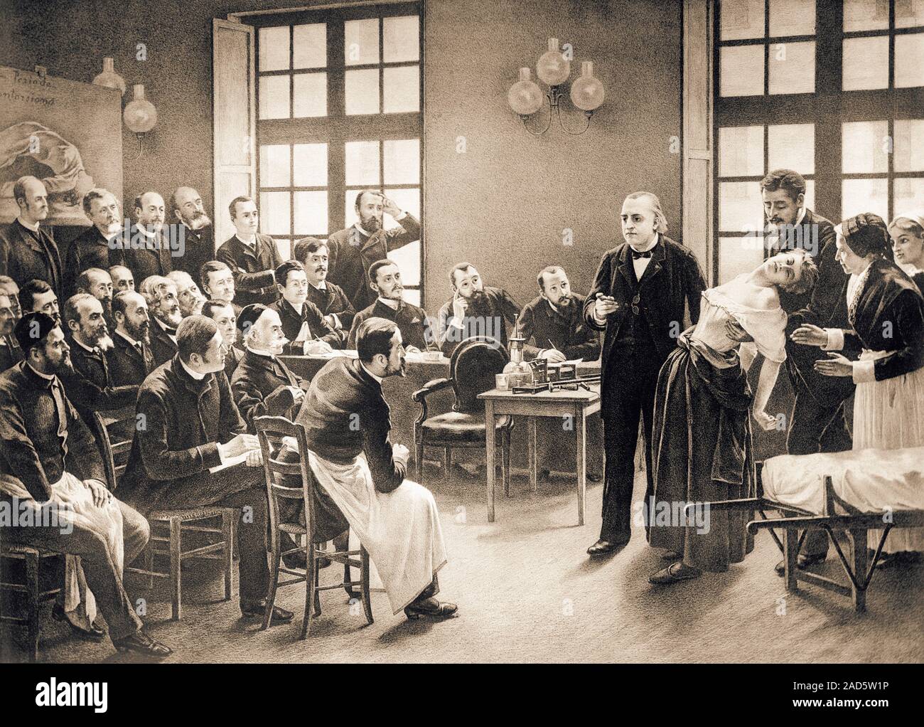 Charcot demonstrating hysteria. Illustration of French neurologist Jean ...