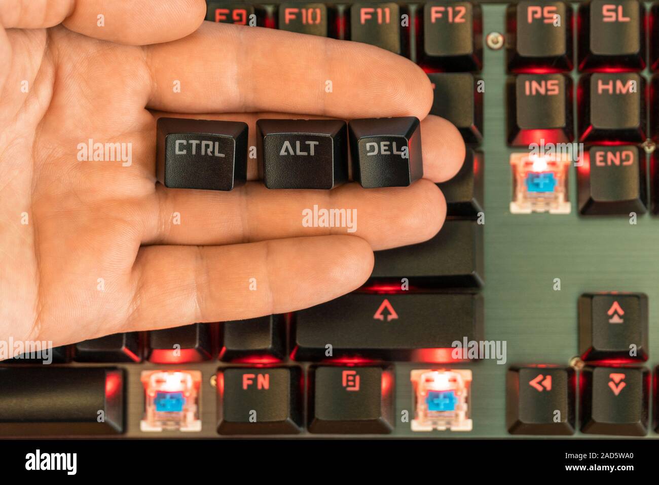 male hand holds on the palm of his hand three keys - ctrl alt del over ...