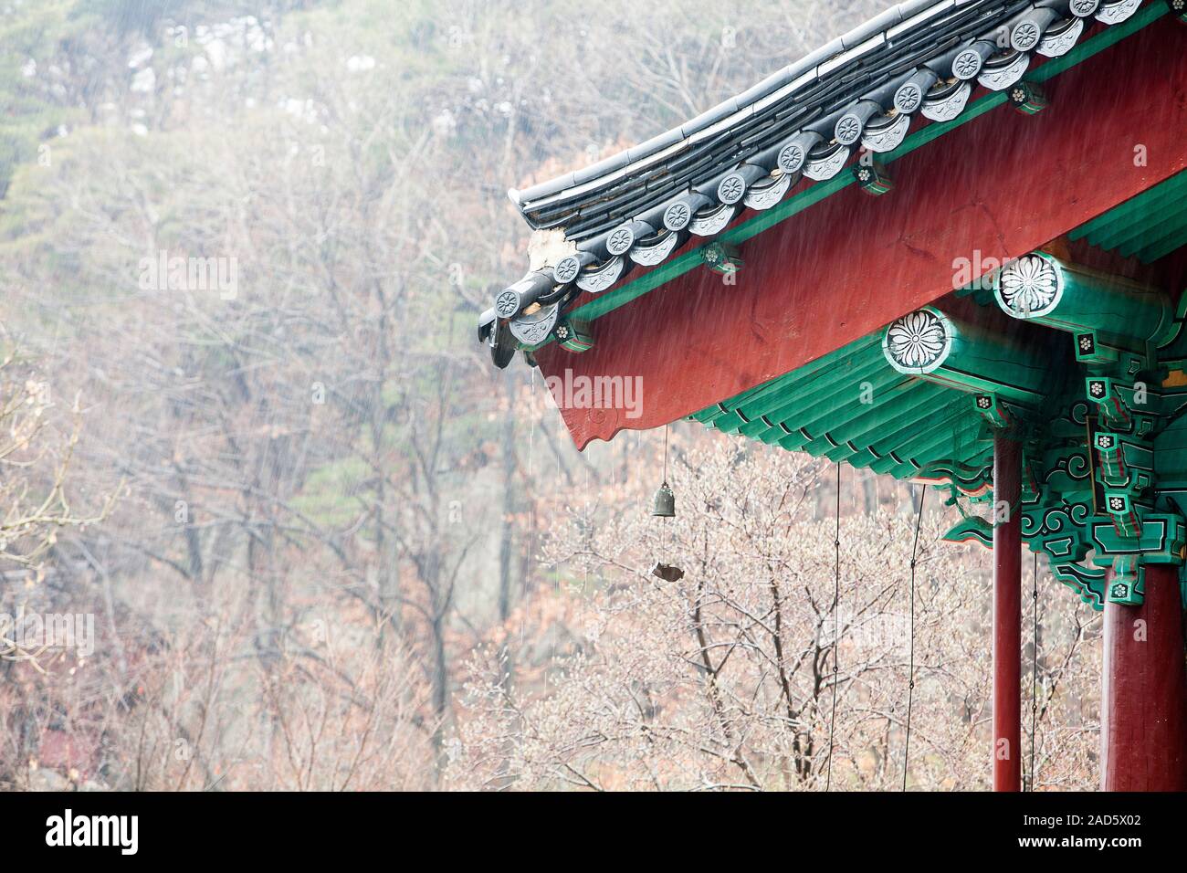 Landscape in winter with roof of temple falling snow in korea Stock ...