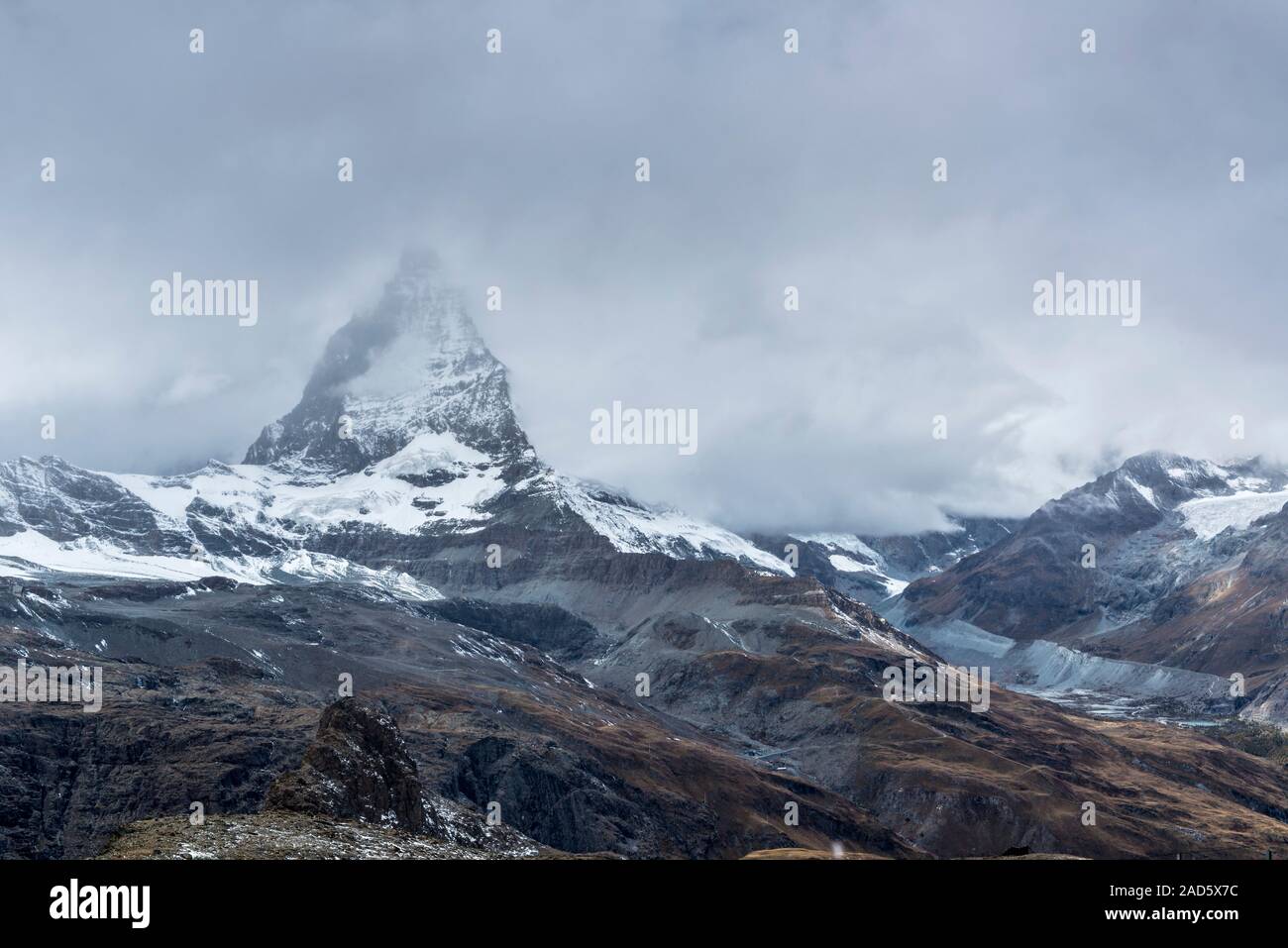 Matterhorn. View of the summit of the Matterhorn (centre left) in the ...