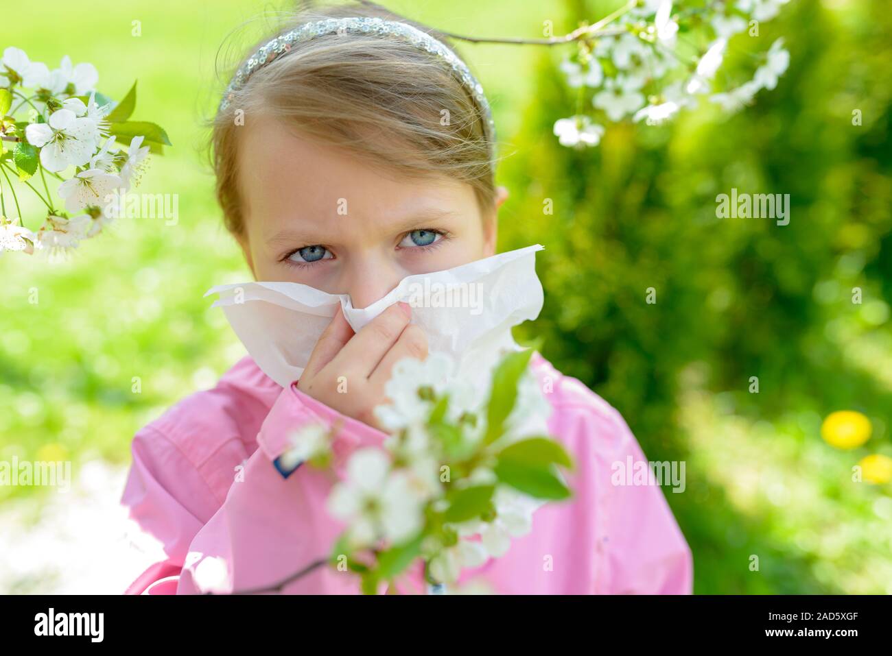 Allergy. Little girl is blowing her nose near spring tree in bloom ...