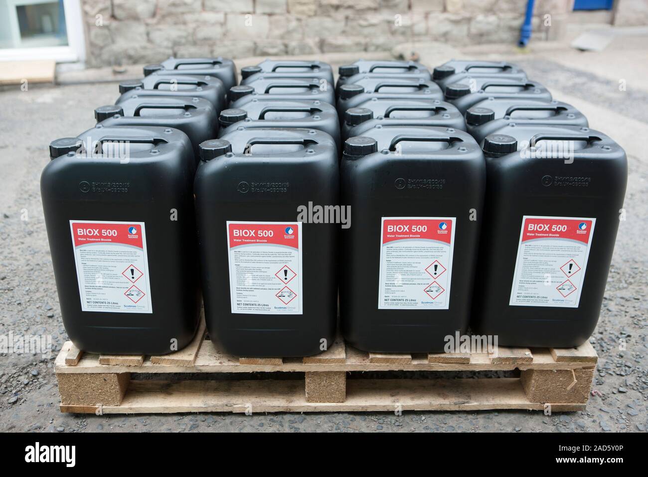 Water sanitation chemical. Containers for the water sanitation chemical ...