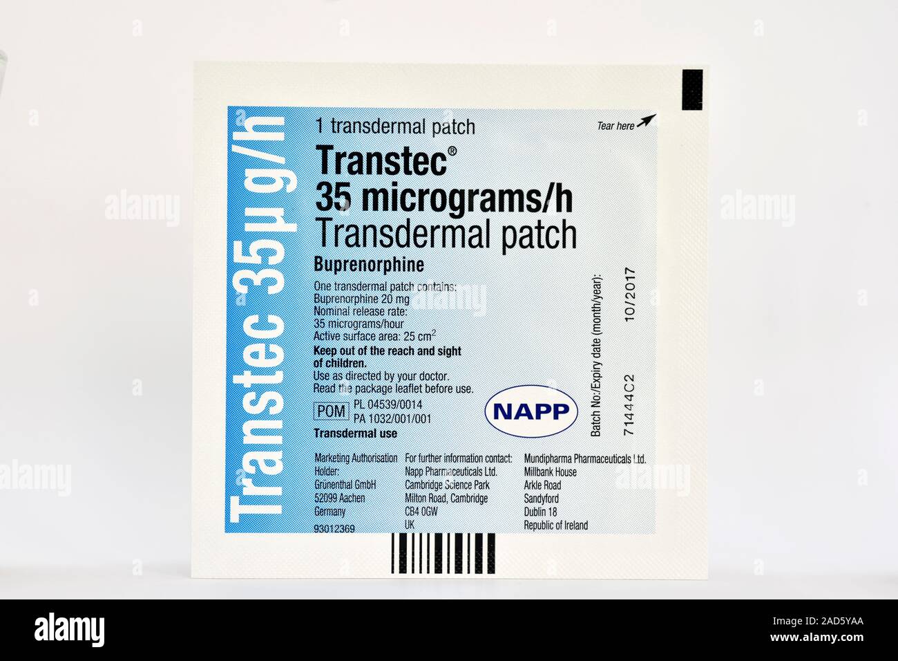 Packet containing a buprenorphine skin patch. Buprenorphine is a ...