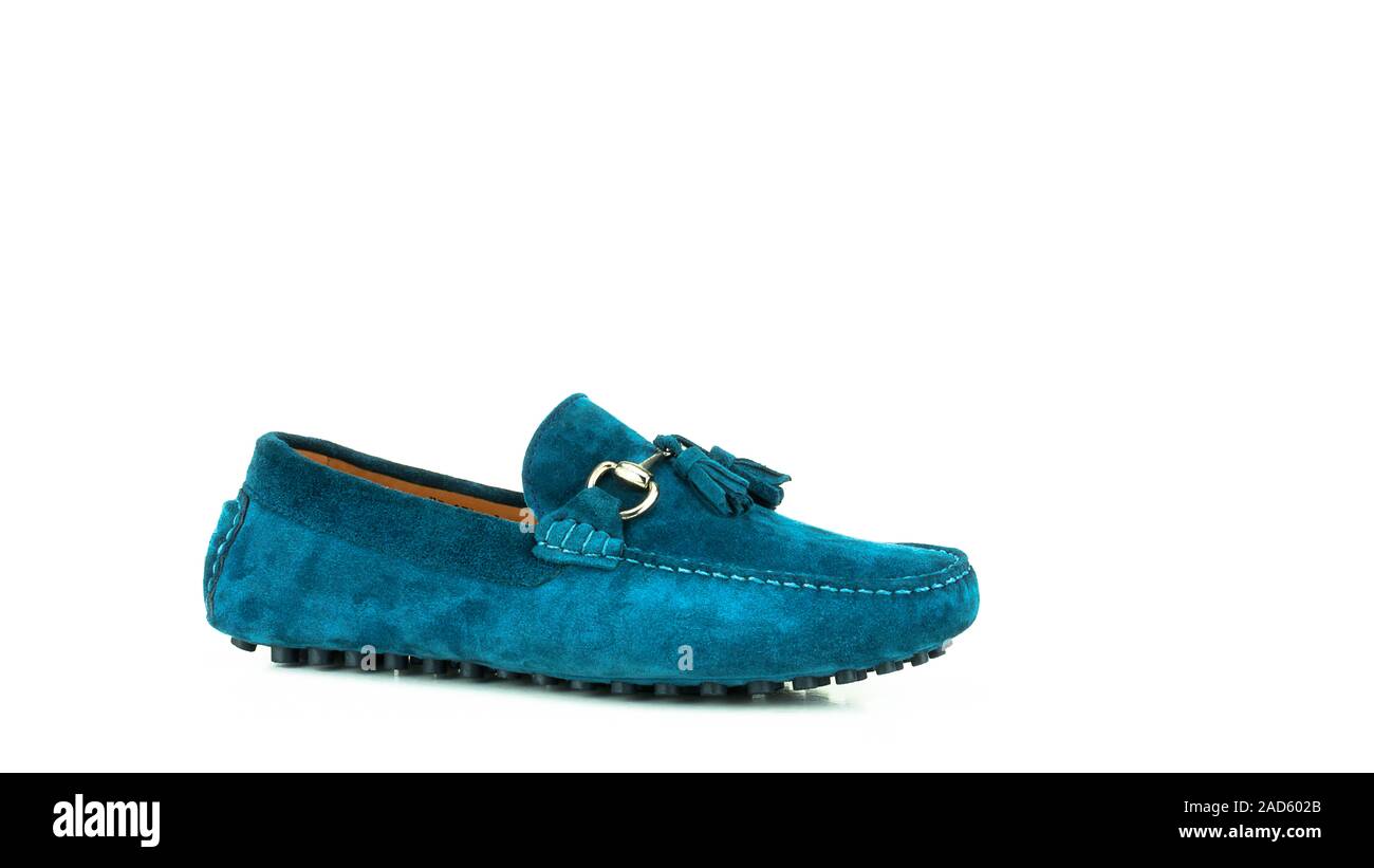 Blue suede men moccasin isolated on white background Stock Photo - Alamy